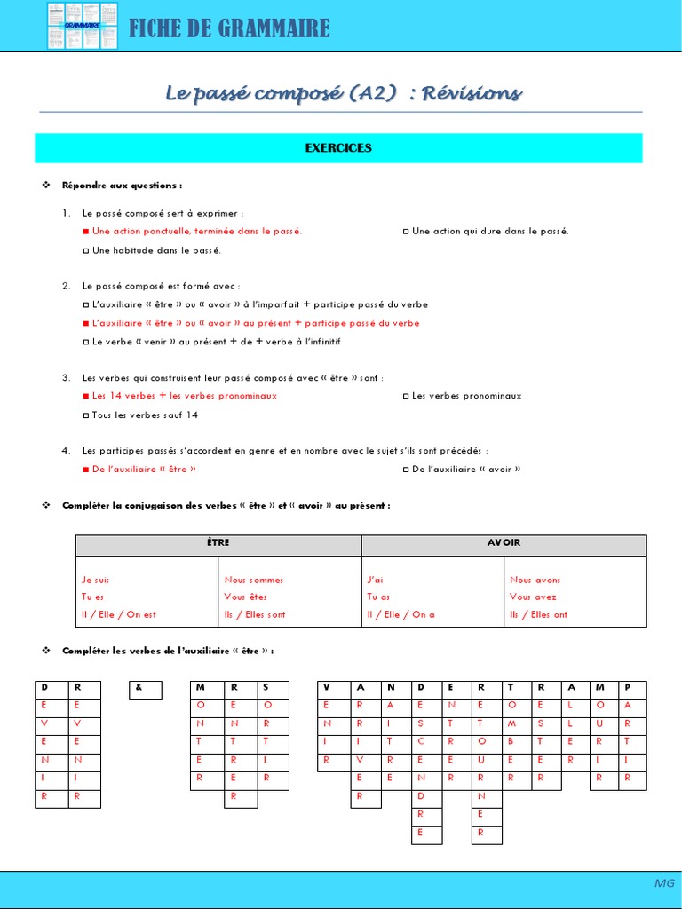 A2 Grammaire Passe-Compose Revisions Corrige PDF | PDF | Verbe | Sujet ...