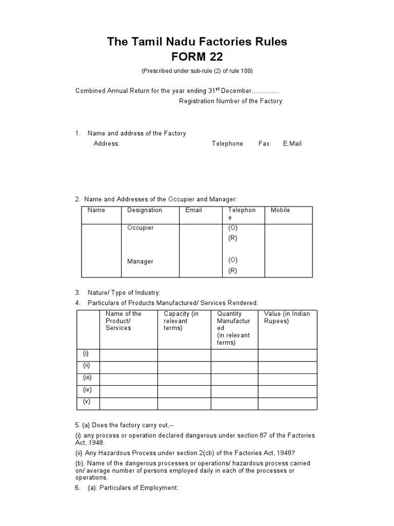 Form 22 Annual Return for Factories | PDF | Employment | Salary
