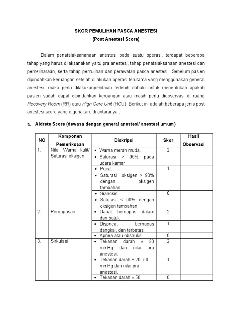 Skor Pemulihan Pasca Anestesi | PDF