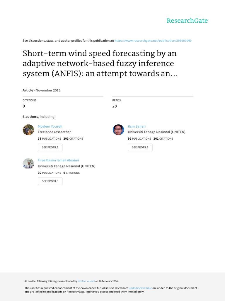 Short-Term Wind Speed Forecasting by An Adaptive Network-Based Fuzzy Inference System (ANFIS ...