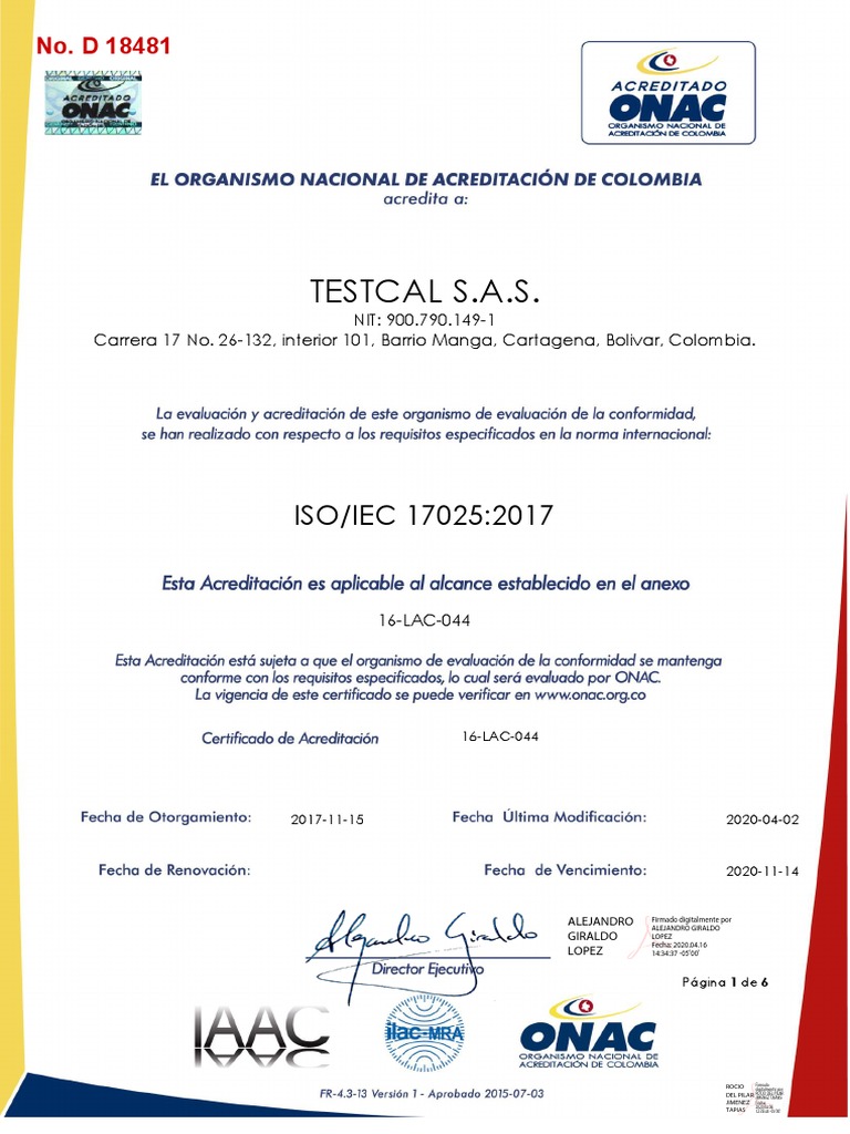 Acreditacion Testcal Sas 20200402 | PDF | Mole (Unidad) | Calibración