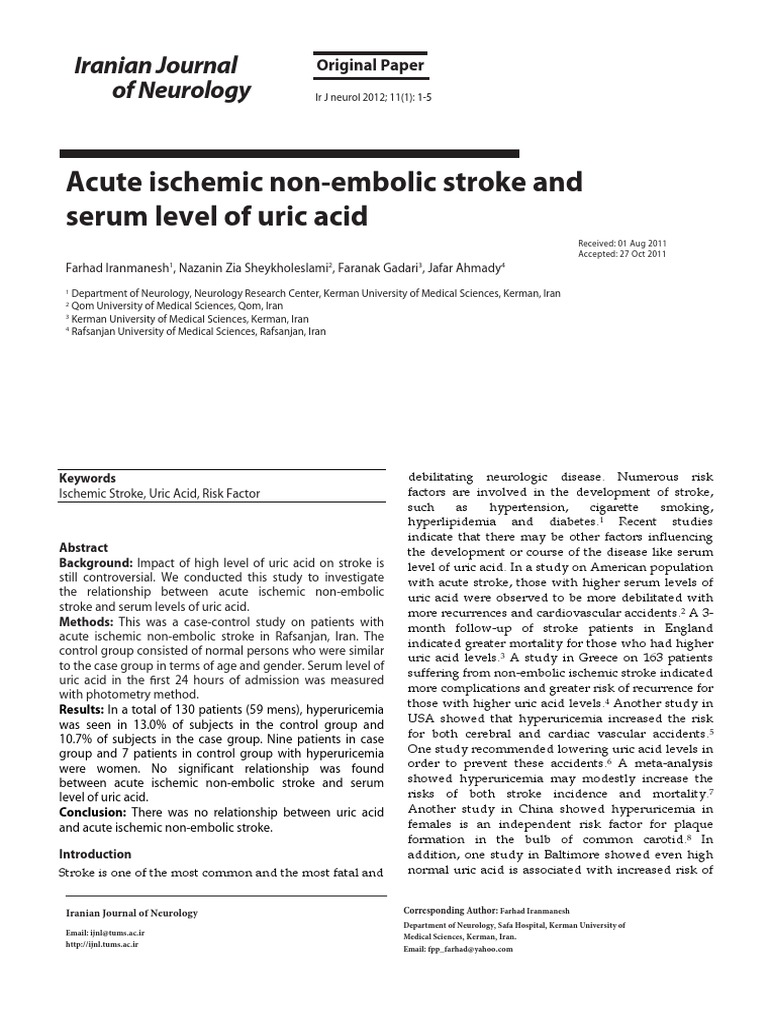 Acute Ischemic Non-Embolic Stroke and Serum Level of Uric Acid | PDF | Stroke | Myocardial ...