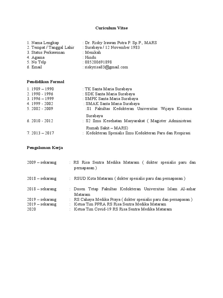 Curiculum Vitae Dr. Risky Irawan, SP.P, MARS | PDF | Pengembangan Diri ...