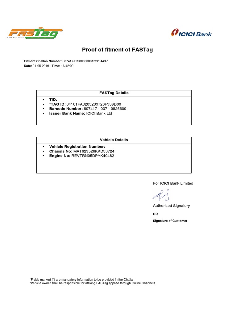 ICICI Bank FASTag Fitment Certificate | PDF | Finance & Money Management