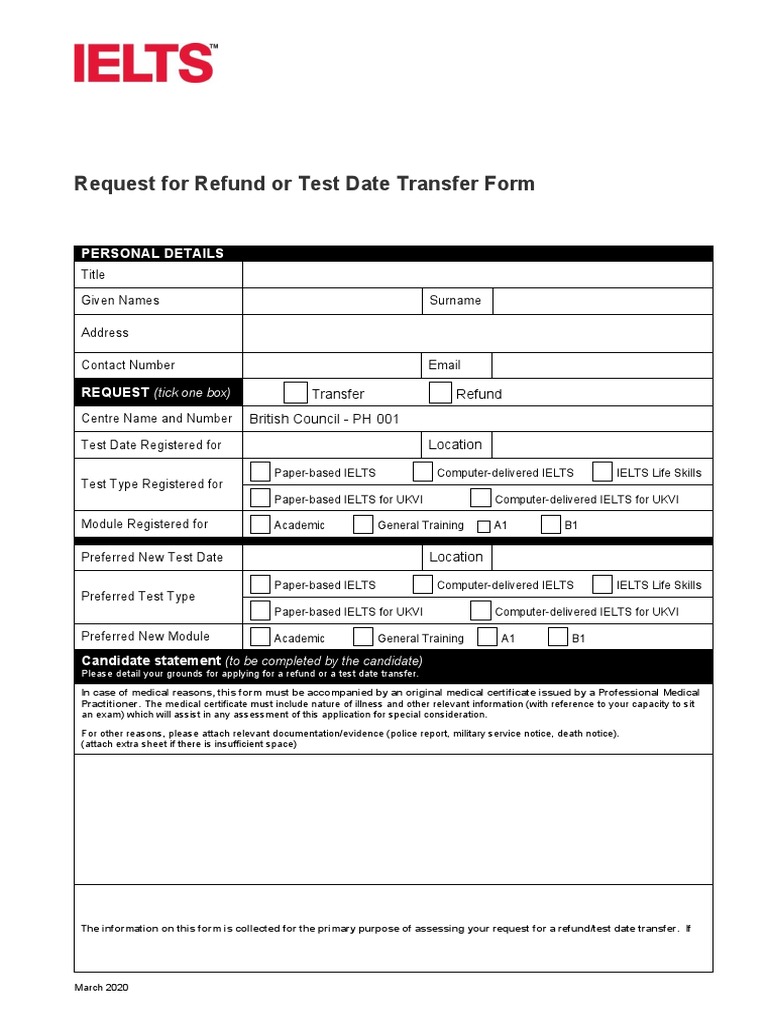 Ielts Request For Refund or Test Date Transfer Form Fillable | PDF ...