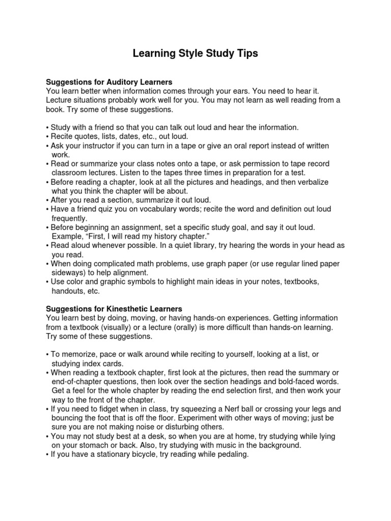 Learning Style Study Tips | Download Free PDF | Learning Styles | Learning