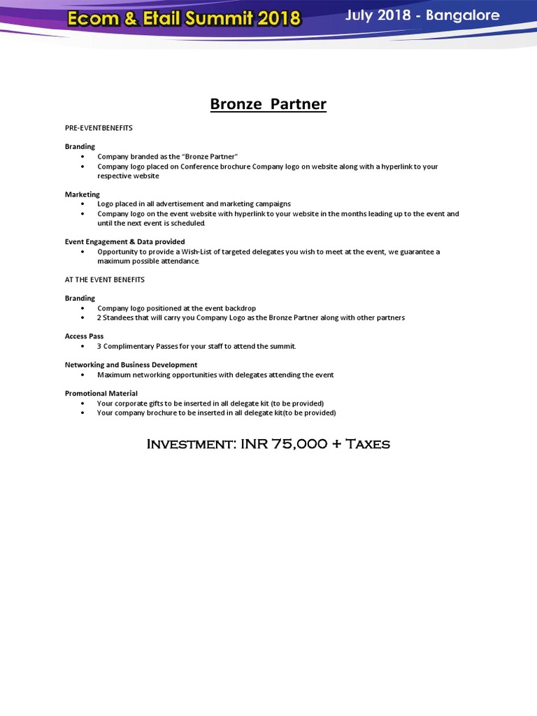 Bronze Partner: Investment: INR 75,000 + Taxes | PDF