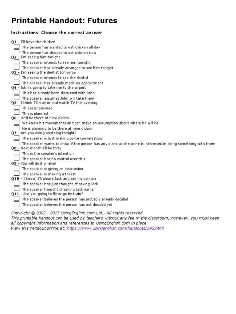 Futures - Printable Teacher Handout - UsingEnglish | PDF