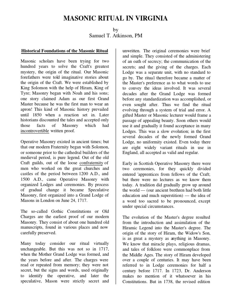 The Evolution of Masonic Ritual in Virginia: Tracing the Development of ...