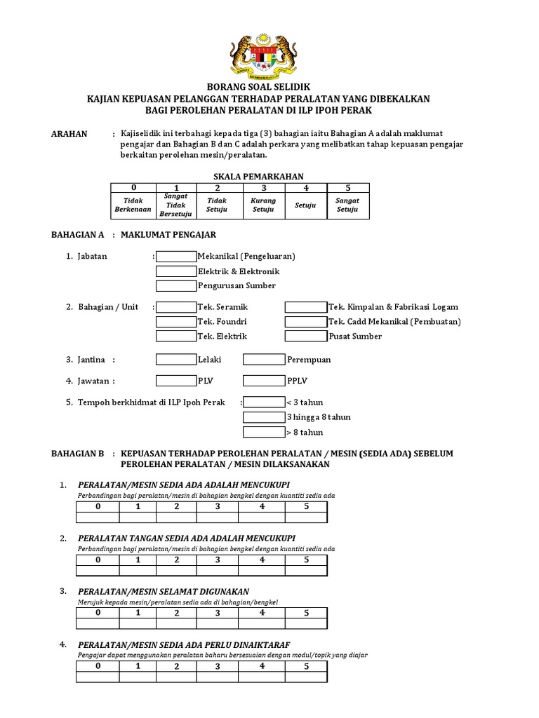 Borang Soal Selidik Tahap Kepuasan Pelanggan - Perolehan Peralatan ILP ...