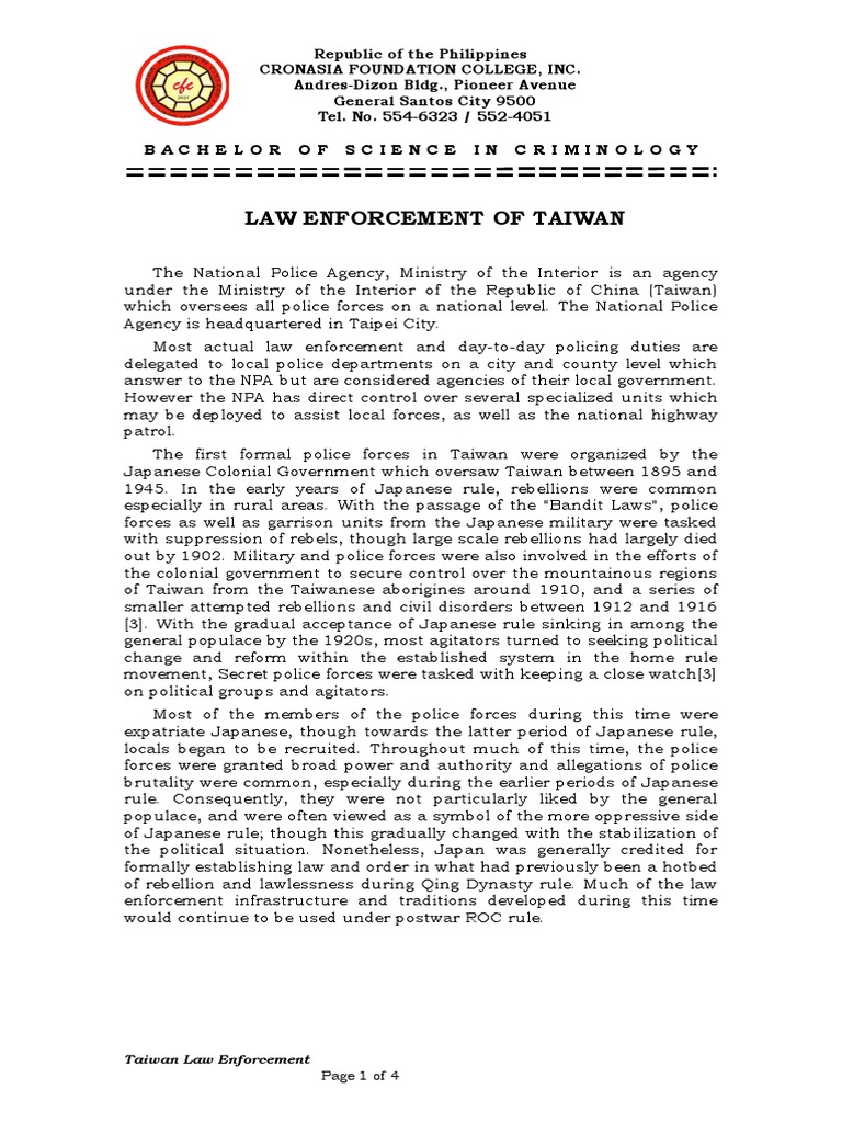 Law Enforcement of Taiwan | PDF | Taiwan | China
