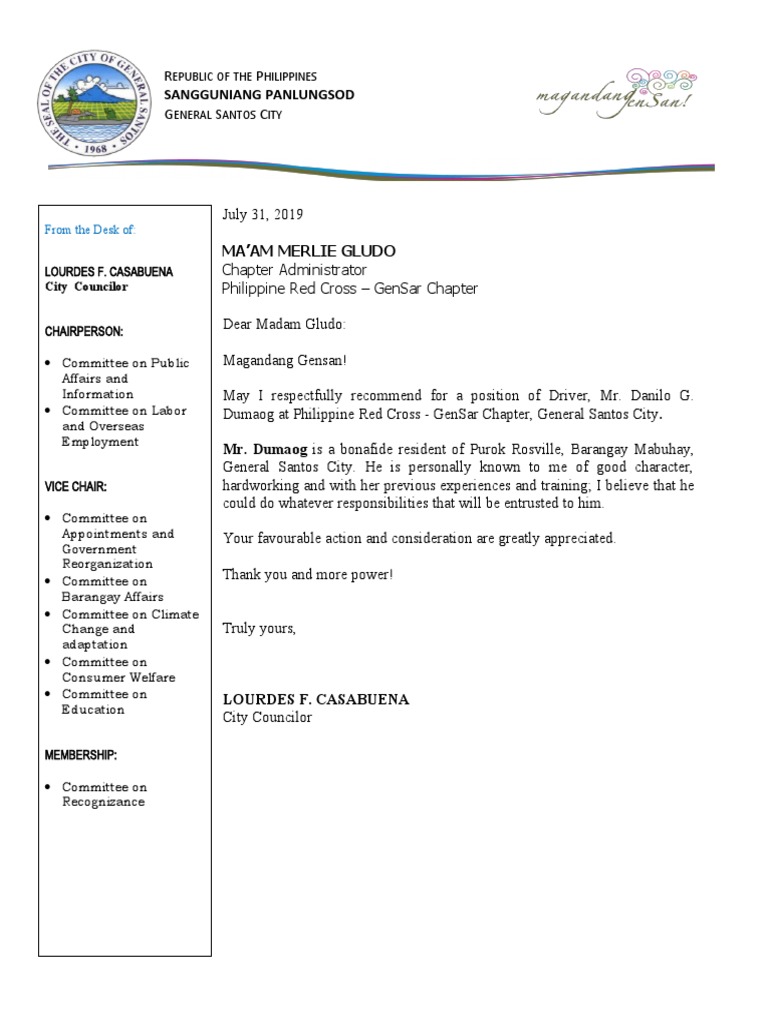 Recommendation Letter for Driver Position | PDF
