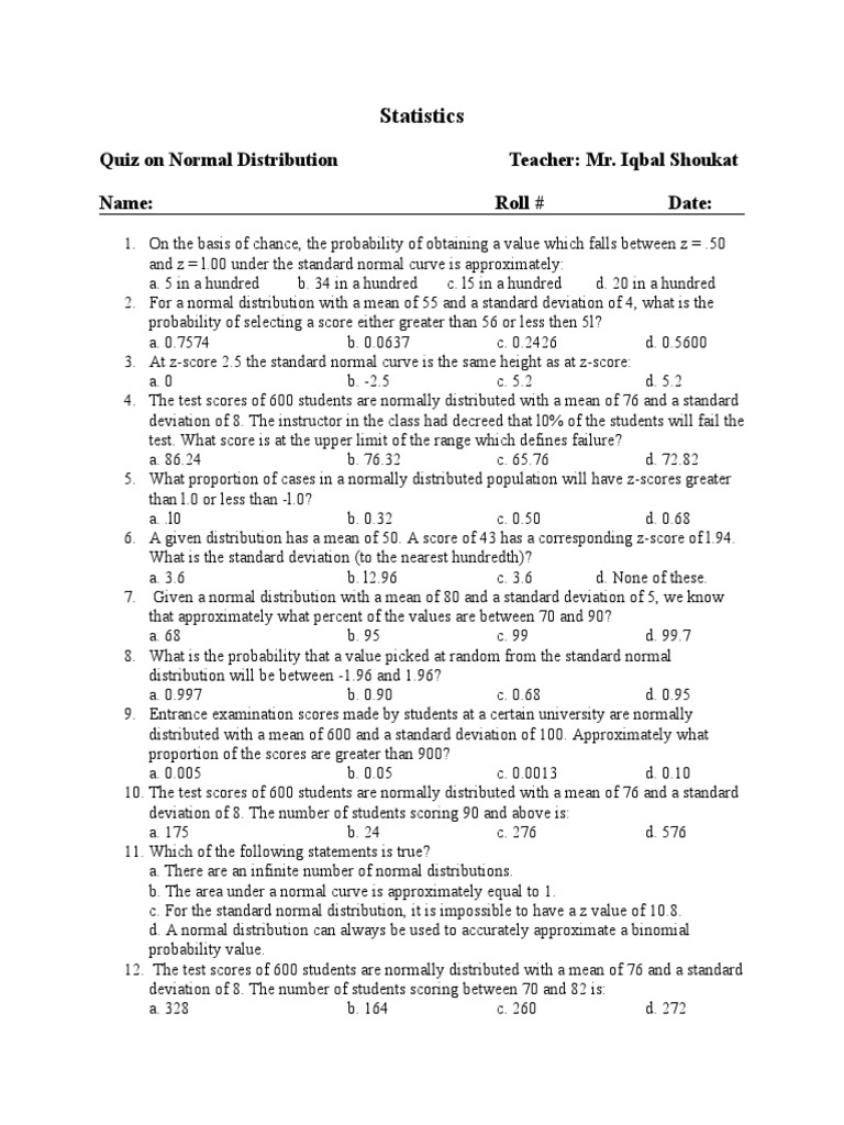 Normal Distribution Quiz Questions | PDF | Normal Distribution ...