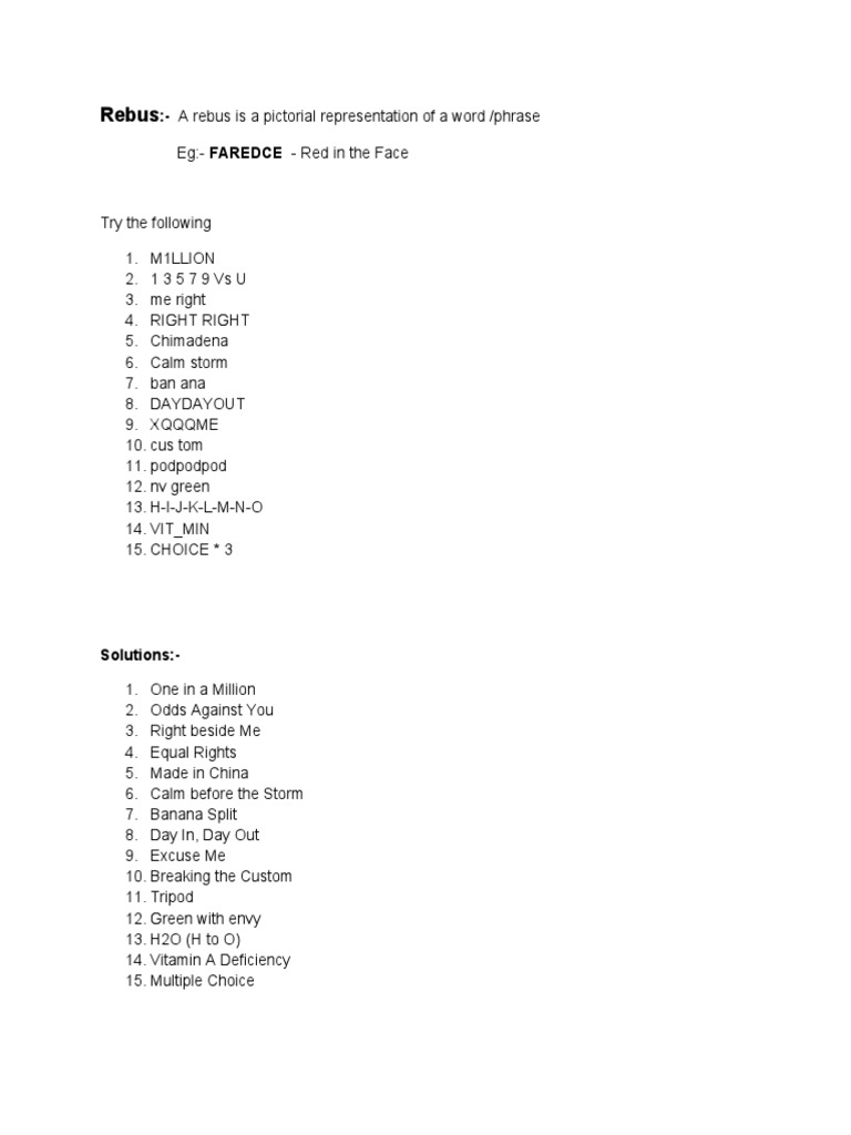 Rebus Puzzles and Solutions Guide | PDF