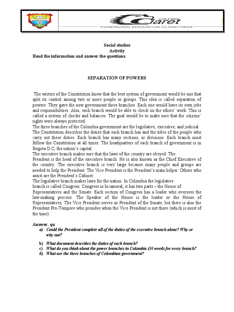 Separation of Powers Worksheet | PDF