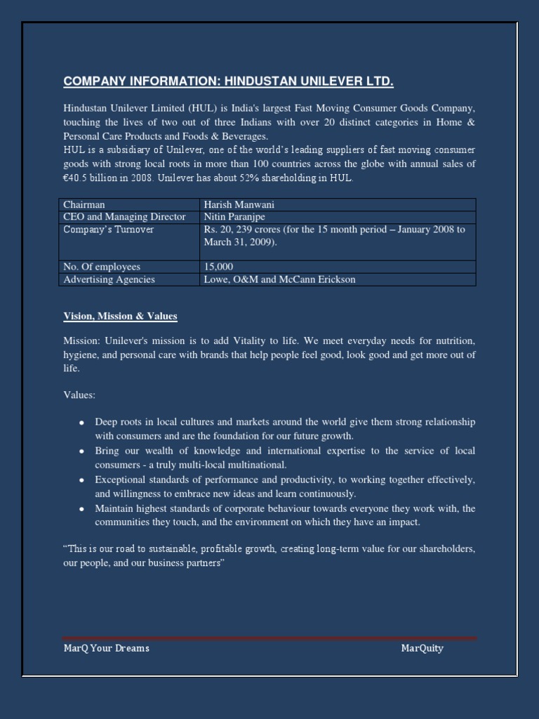 Company Information: Hindustan Unilever LTD.: Vision, Mission & Values ...