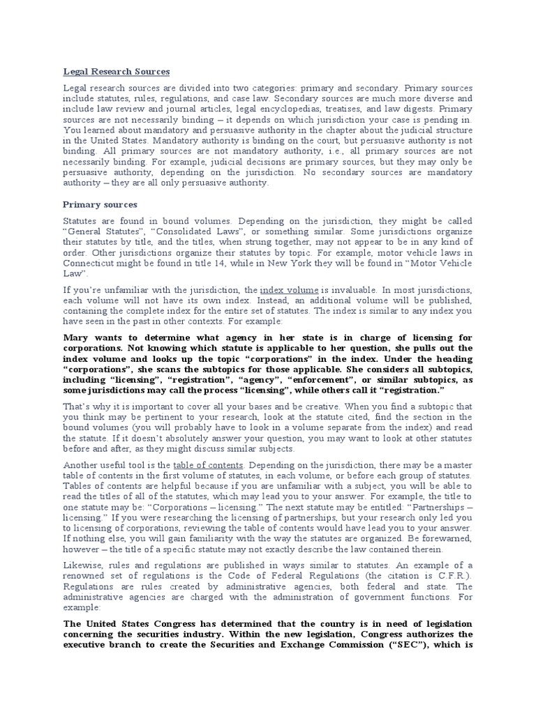 Legal Research Sources | PDF | Precedent | U.S. Securities And Exchange ...