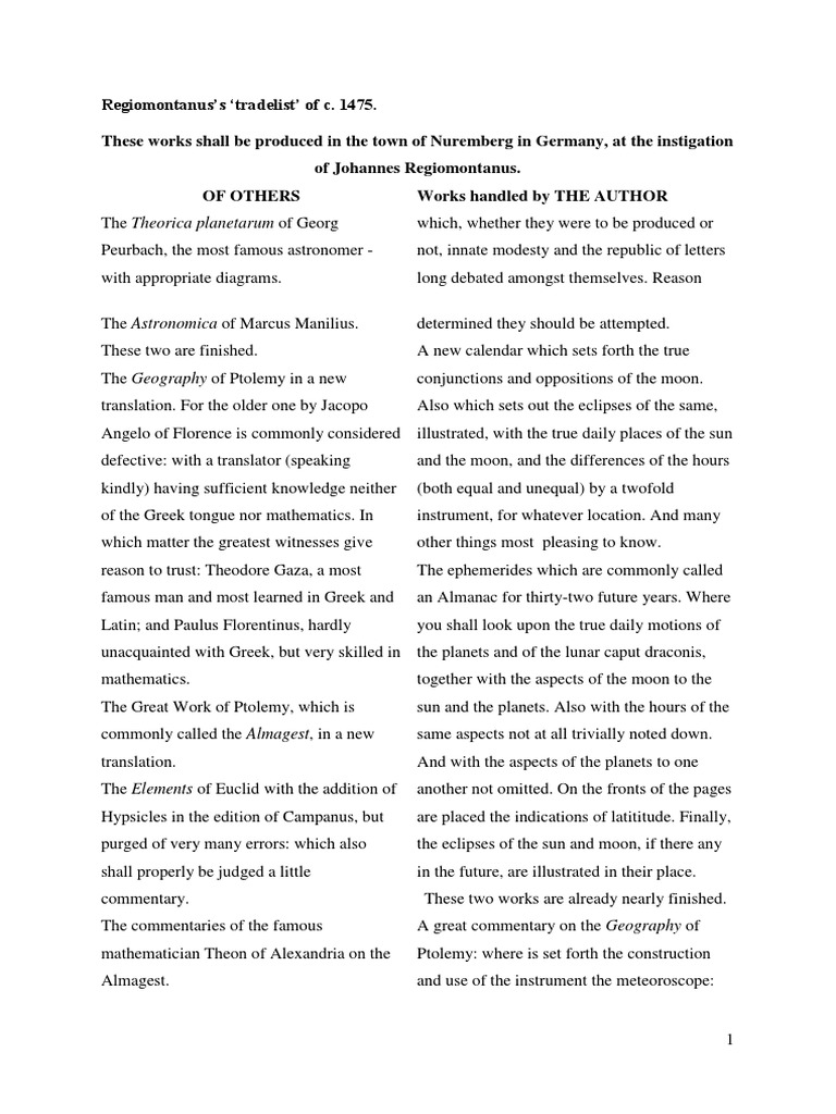 Regiomontanus Tradelist PDF | PDF | Ptolemy | Astronomy