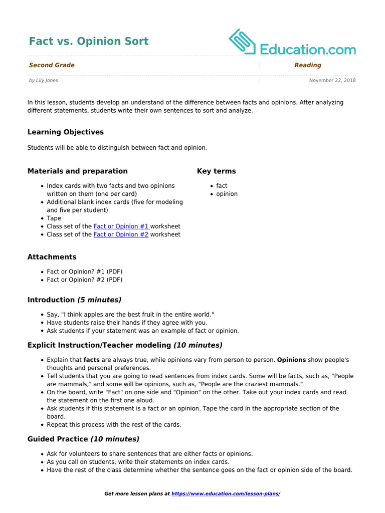 Fact vs. Opinion Sort: Learning Objectives | PDF | Lesson Plan ...