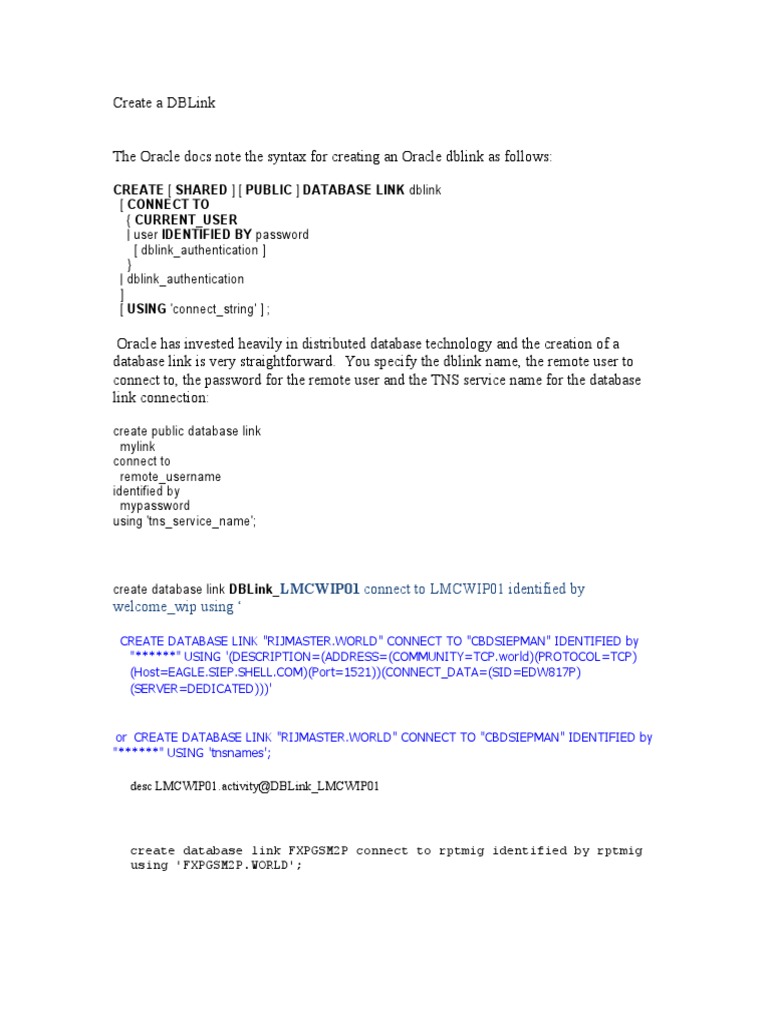 Create Shared Public Database Link Dblink Welcome Wip Using Pdf Databases Oracle