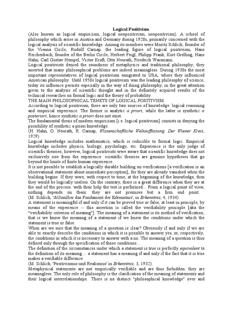 Logical Positivism 4 Pages | PDF | Theory | Philosophical Traditions