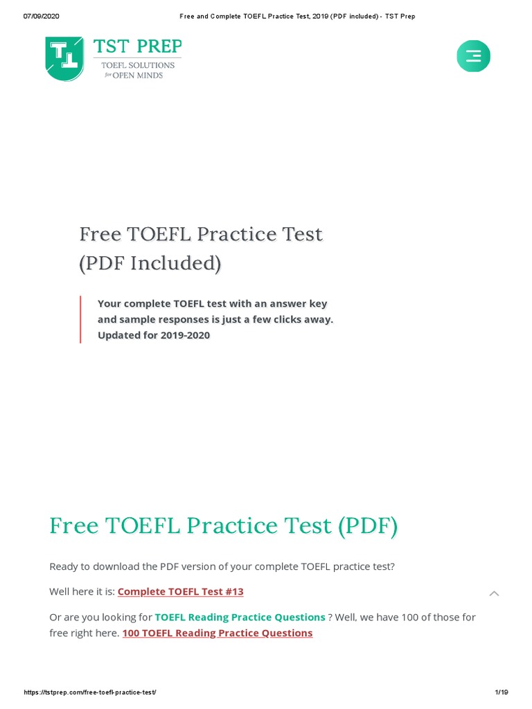 Free and Complete TOEFL Practice Test, 2019 (PDF Included) - TST Prep ...