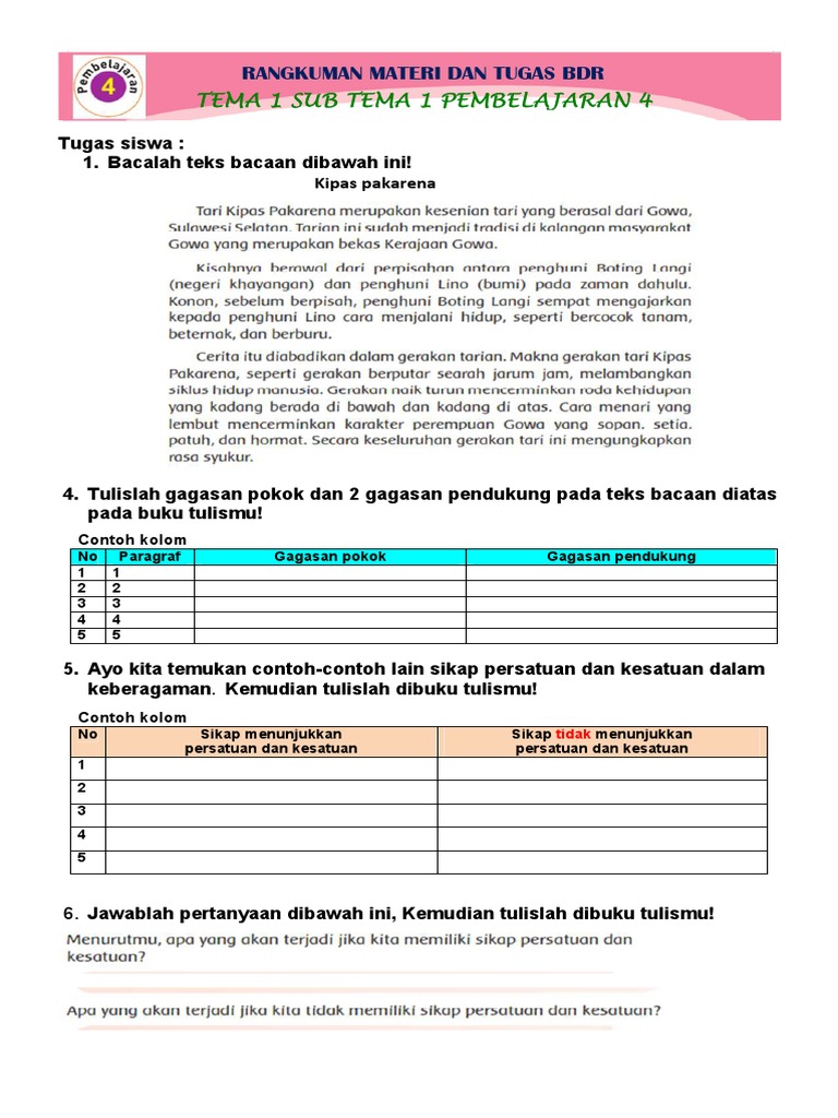 Tugas BDR Kelas 4 Tema 1 ST 1 Ok-9 | PDF
