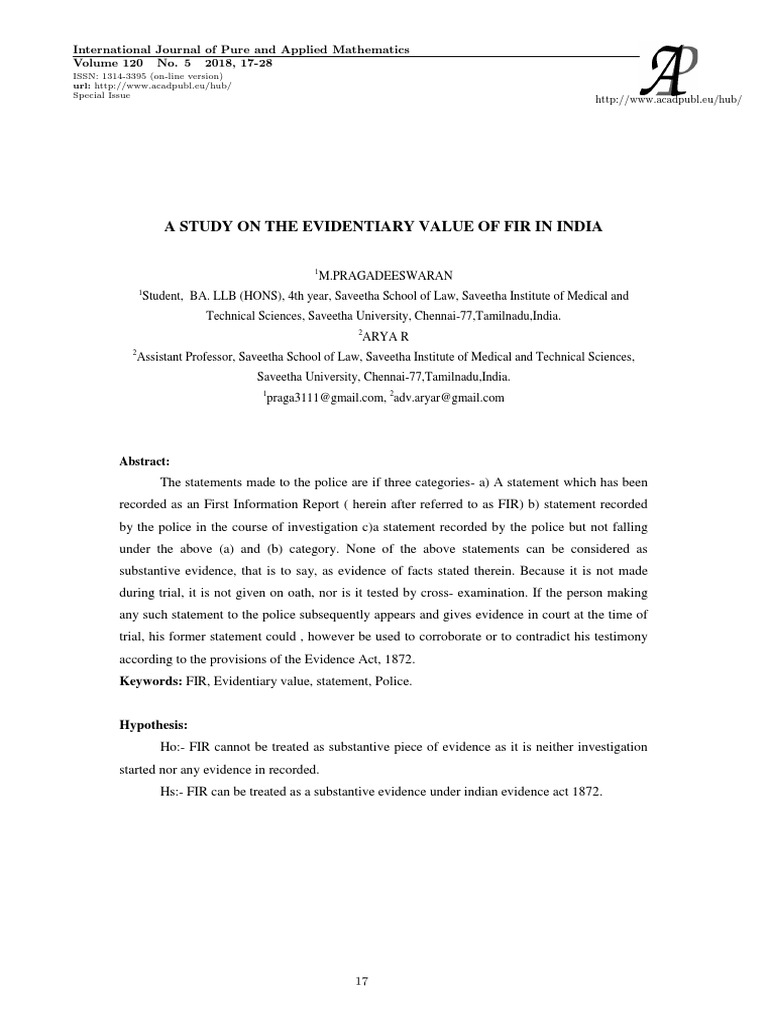 Evidentiary Value of FIR | PDF | Complaint | Witness