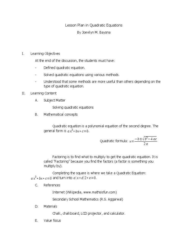 Quadratic Equations Lesson Plan | PDF | Quadratic Equation | Factorization