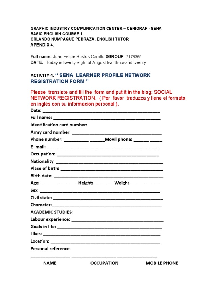 Sena Learner Profile Network Registration Form | PDF