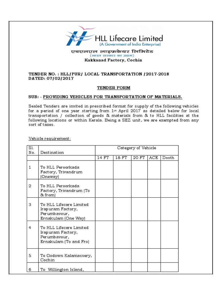 Transport Tender 2017-18 | PDF | Pro Rata | Taxes