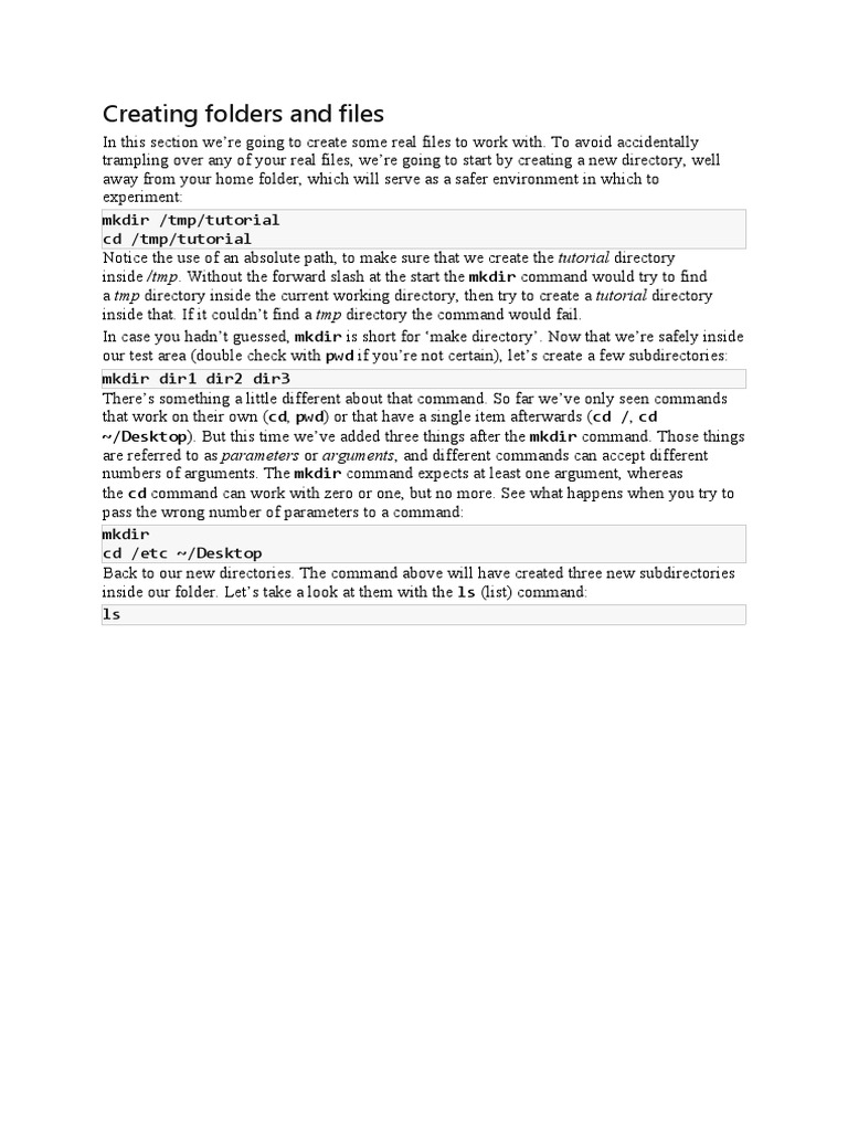 Creating Folders and Files: Mkdir /tmp/tutorial CD /tmp/tutorial | PDF