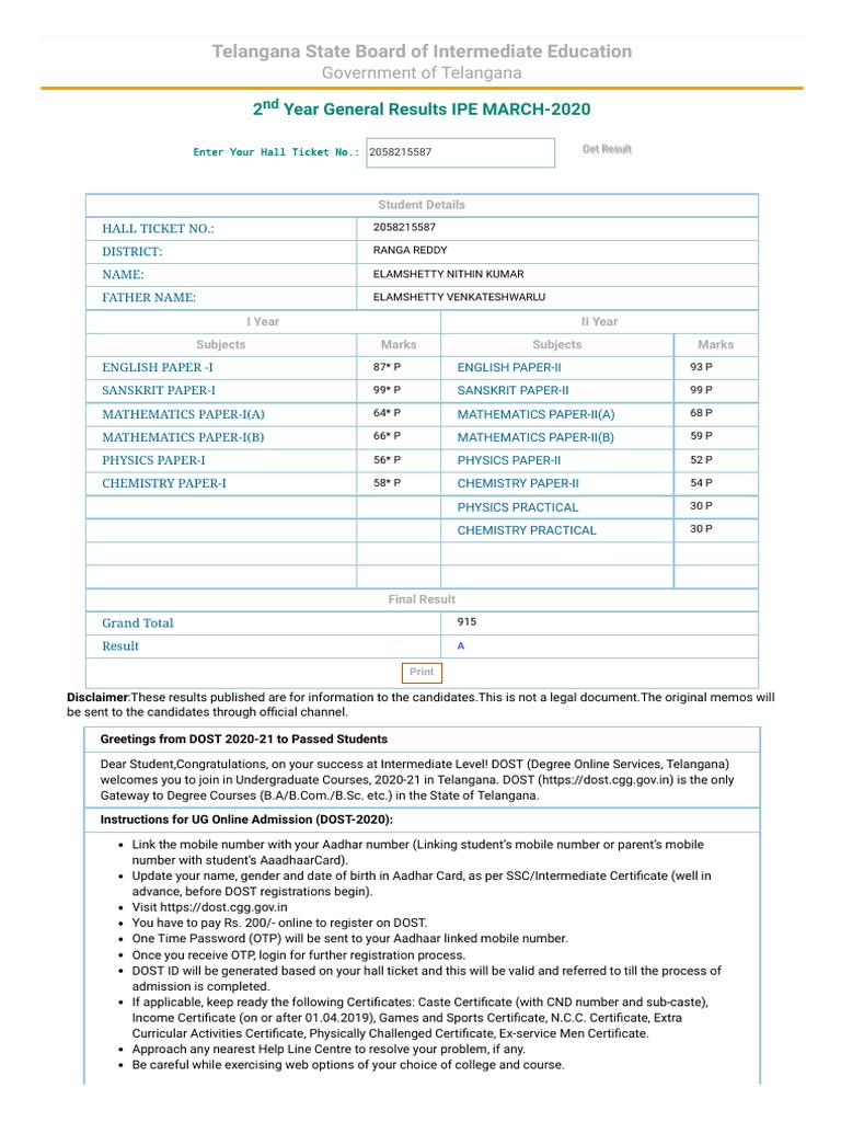 Telangana State Board of Intermediate Education: 2 Year General Results ...