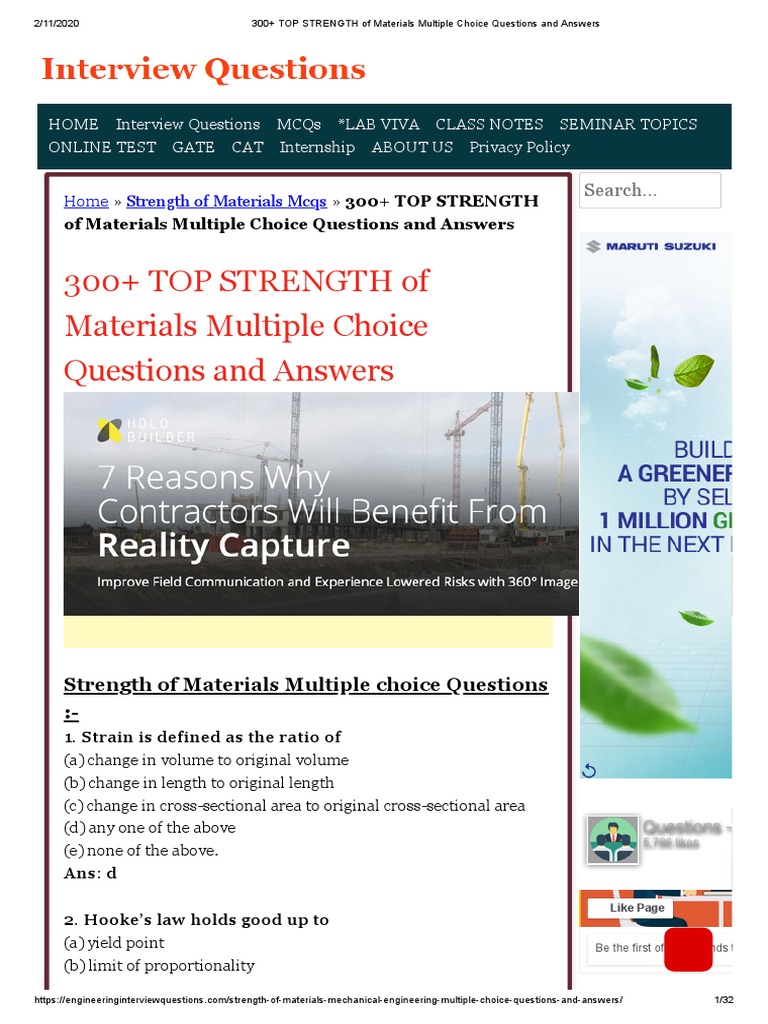 300+ TOP STRENGTH of Materials Multiple Choice Questions and Answers ...