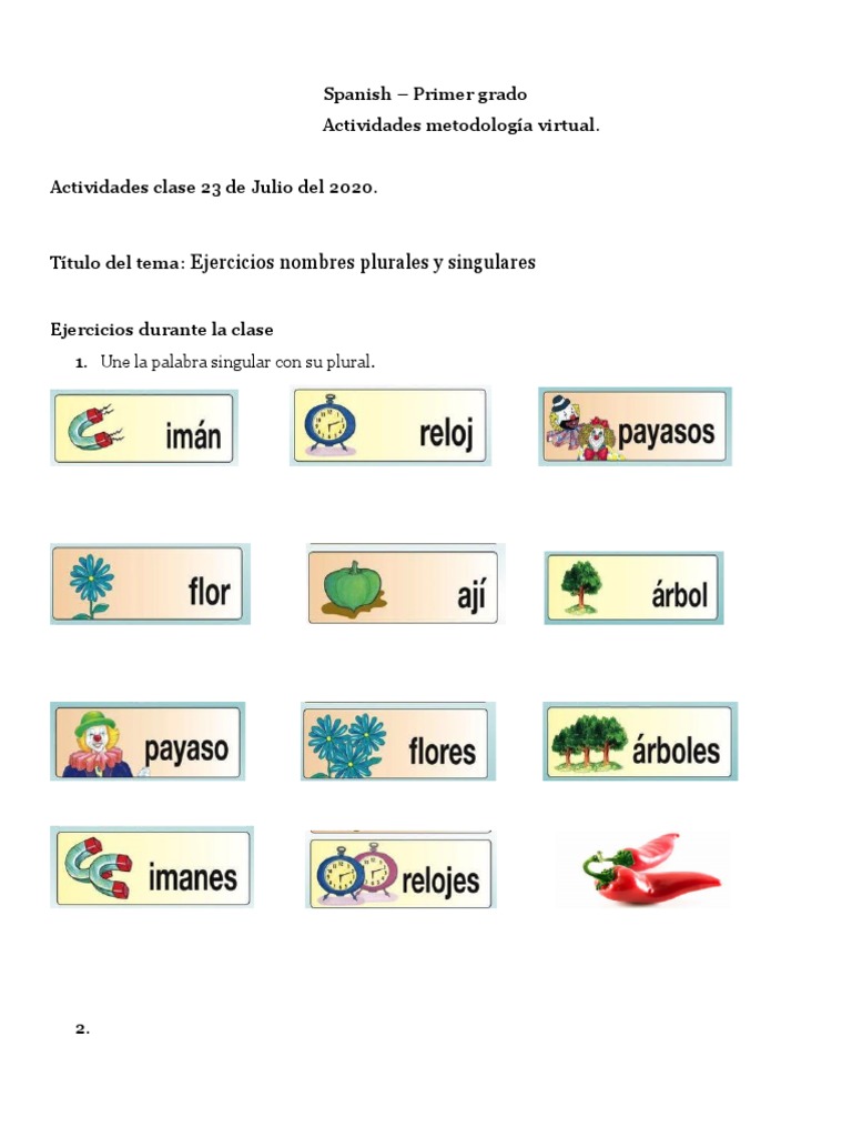 Spanish 1° - Clase 23 de Julio - Ejercicios Plural y Singular | PDF