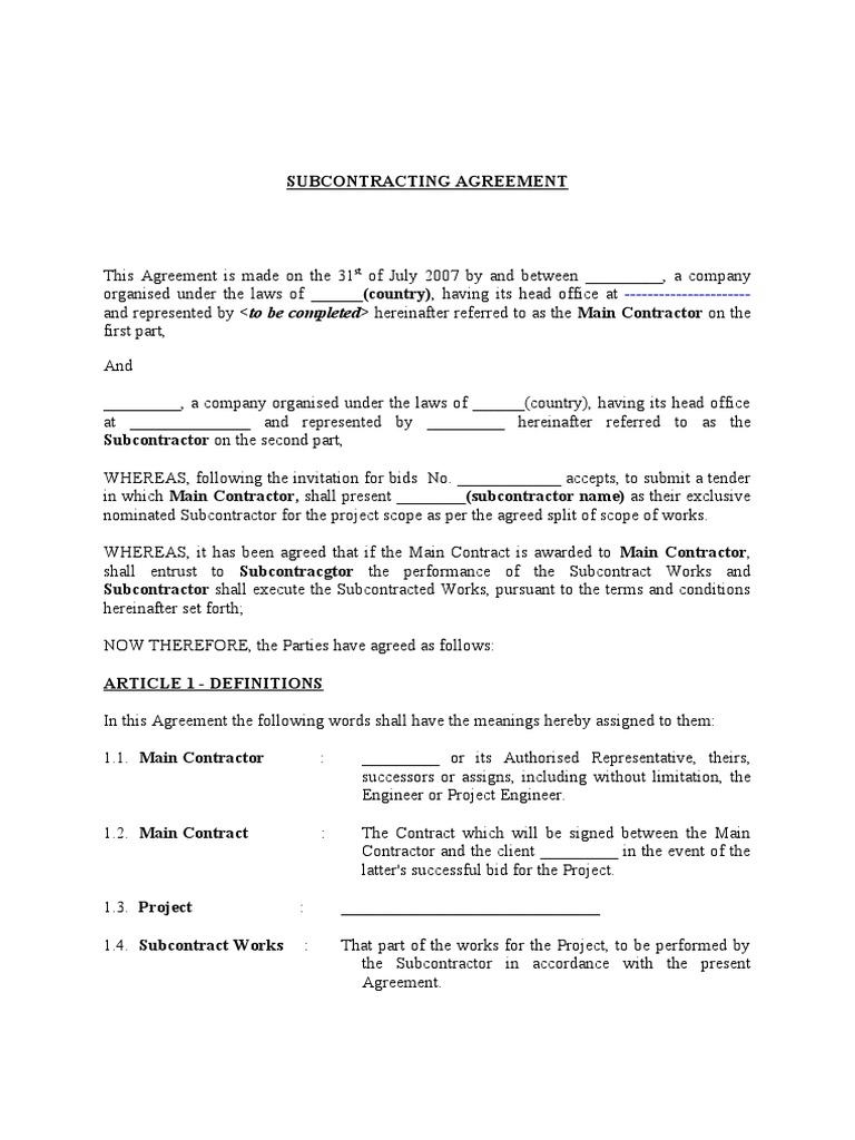 SUBCONTRACTING AGREEMENT (Nominated Subcontractor) | PDF | Indemnity ...