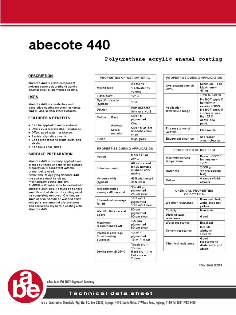 Abecote 440: Polyurethane Acrylic Enamel Coating | PDF | Industrial ...