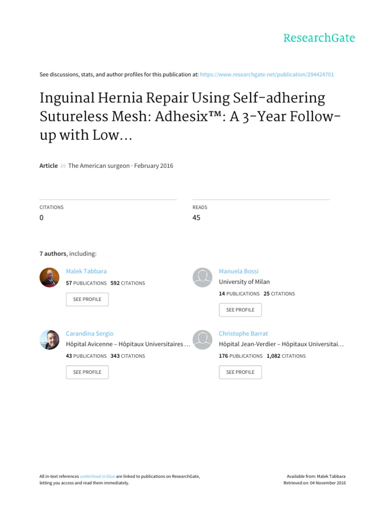 Inguinal Hernia Repair Using Self-Adhering Sutureless Mesh: Adhesix™: A 3-Year Follow-Up With ...