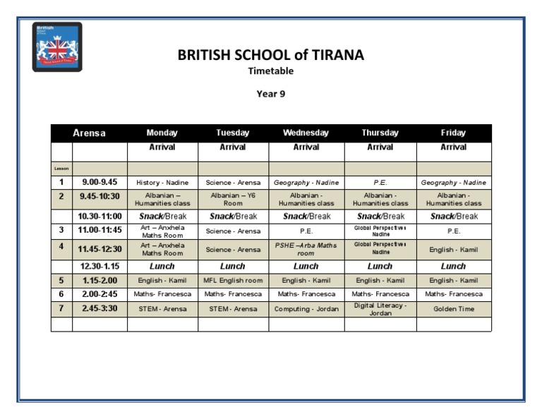 BST Secondary Timetables Y9 2020 To 2021 | PDF