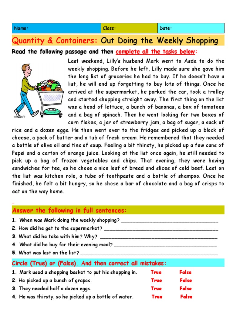 Reading Comprehension Out Doing The Weekly Shoppin Reading ...