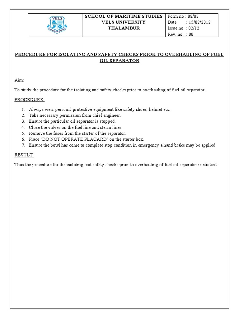 EX-11 Procedure For Isolating and Safety Checks Prior To Overhauling of ...