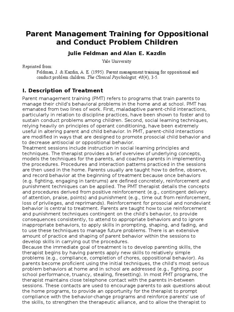 Parent Management Training For Oppositional and Conduct Problem ...