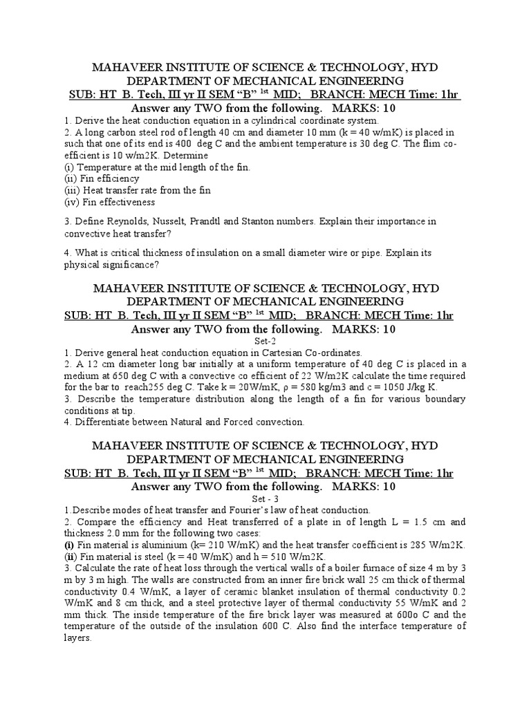 Heat Transfer Question Paper | PDF | Thermal Conductivity | Heat Transfer