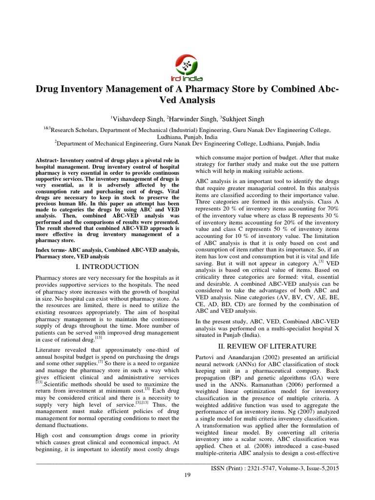 Drug Inventory Management of A Pharmacy Store by Combined Abc-Ved ...