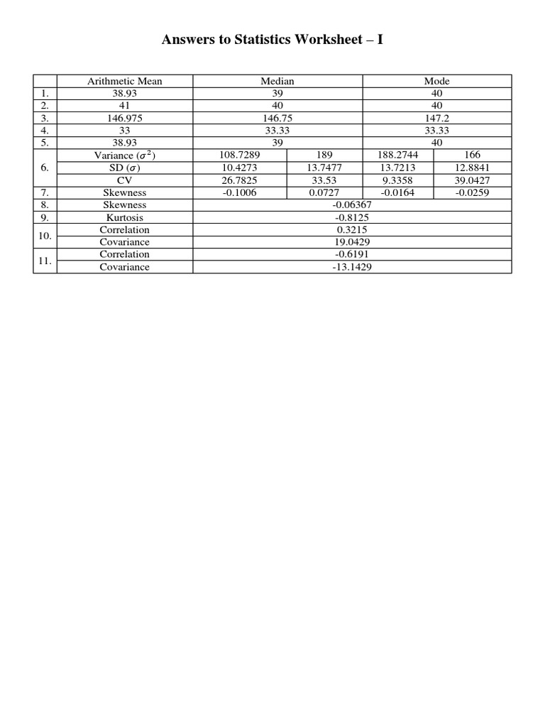 Answers To Statistics Worksheet I | PDF
