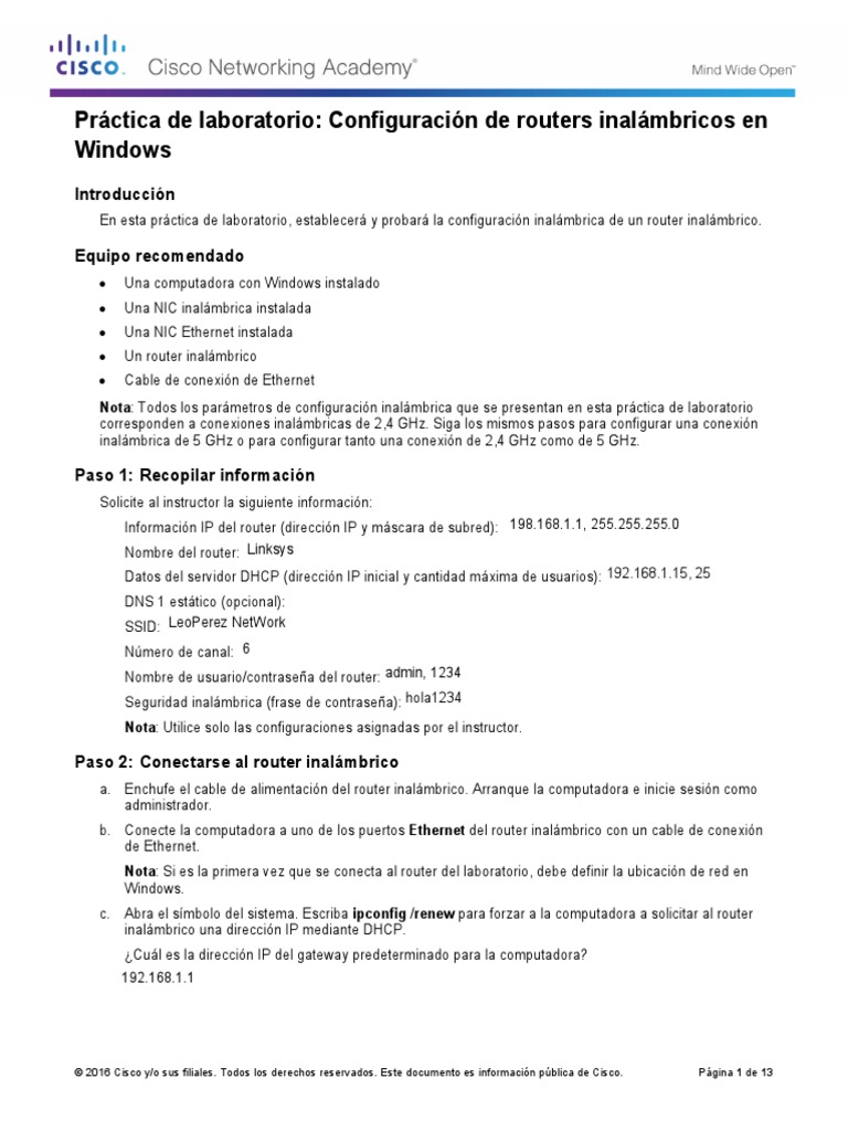 Practica de Laboratorio 54 - Configuración de Routers Inalámbricos en Windows | PDF | Dirección ...