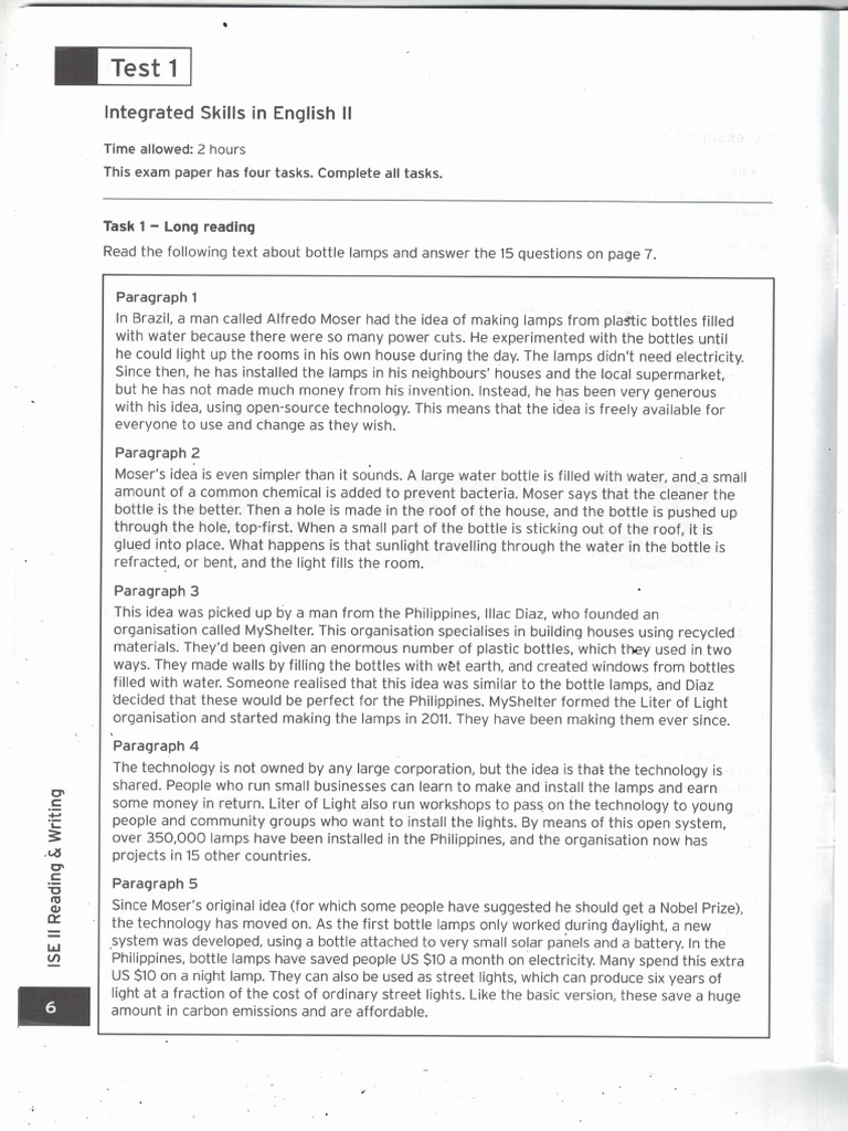 Practise Tests ISE II Test 1 Long Reading (Bottle Lamps) PDF | PDF
