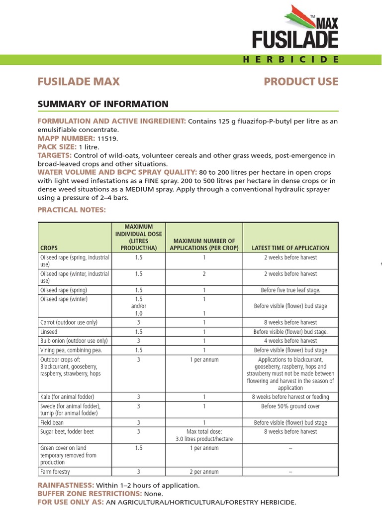 Fusilade Max Product Use: Herbicide | PDF | Toxicity | Personal ...
