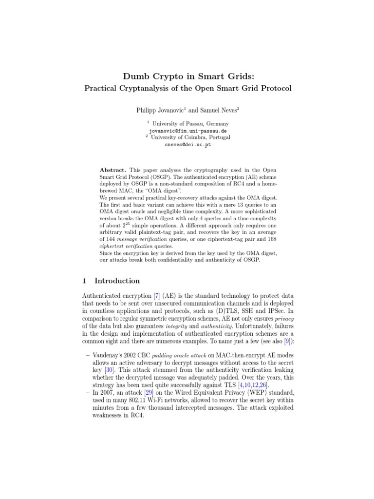 Dumb Crypto in Smart Grids:: Practical Cryptanalysis of The Open Smart Grid Protocol | PDF ...