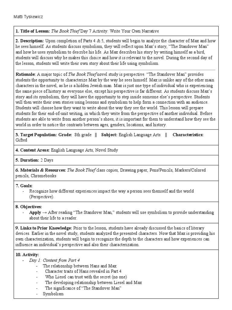 GT Lesson Plan The Book Thief | PDF | Narrative | Symbols
